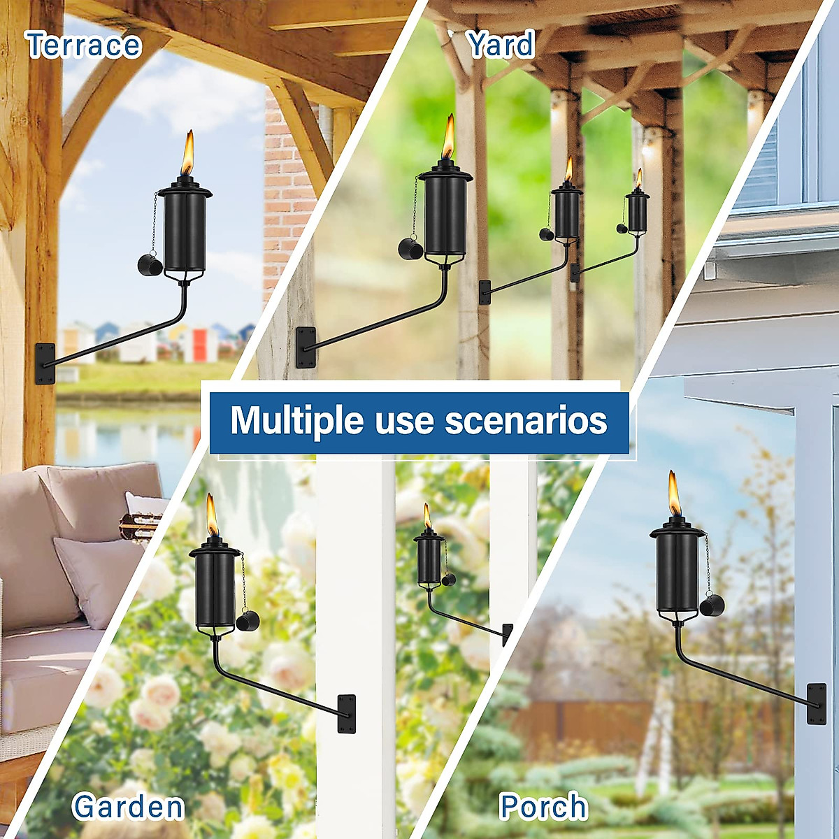 FAN-Torches Wall Mounted Citronella Torches Set of 6, 16 oz Garden Torches for Outside, Refillable Flame Light Torch, Outdoor Metal Torch for Yard, Patio, Deck, Garden, Party, Landscape