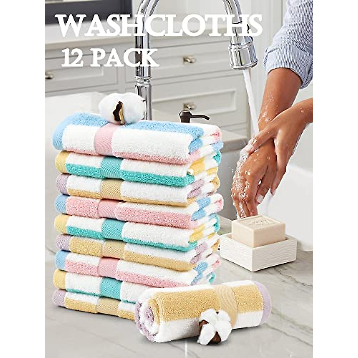 Striped Cotton Washcloths Small Towels Set, 12 Pack Bath Washcloths for Your Face and Body 13 x 13 Inches, Face Cloths for Washing Face, 3 Colors Wash Cloths Face Towels for Bathroom