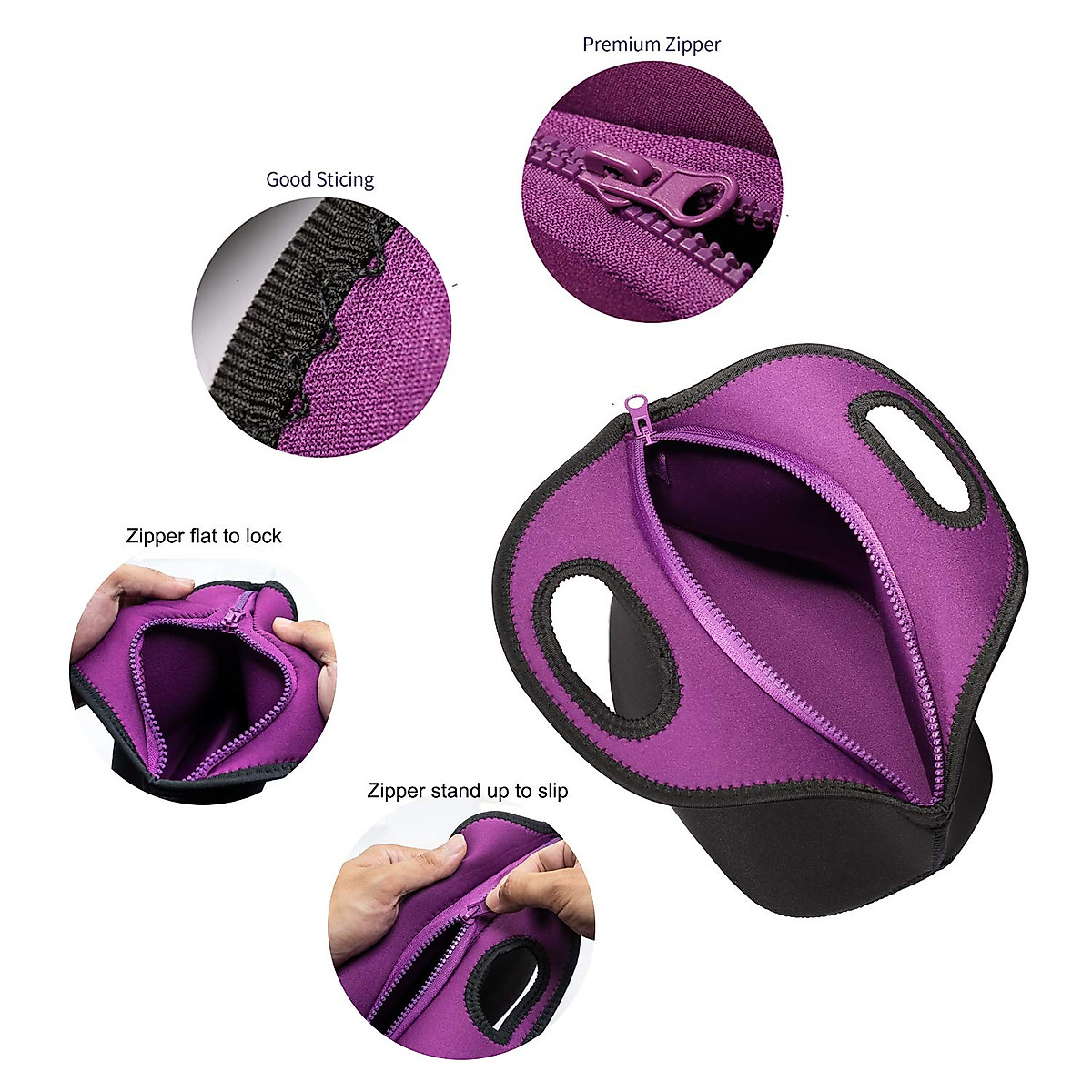 Black 4mm Neoprene Lunch Bags for Men Small Insulated Tote Bag With Zipper for Adults Women - FUNLAVIE