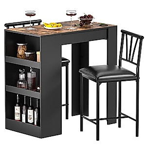 VECELO Small Bar Table and Chairs Tall Kitchen Breakfast Nook with Stools/Dining Set for 2, Storage Shelves, Space-Saving, Retro