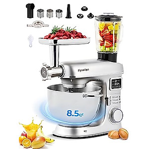Flyseago Stand Mixer 8-IN-1 8.5 Qt Multifunctional Electric Kitchen Mixer 6 Speed Tilt-Head with Stainless Steel Bowl, 1.5L Glass Jar, Meat Grinder, Dough Hook, Whisk, Pasta Attachment