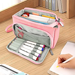 Sooez Super Large Pencil Case, Big Capacity Pencil Bag with 3 Compartments, Hold 200 pencils, Cute Pencil Pouch with Zipper, Portable Stationery Pen Bag, Aesthetic School Supplies For Girls, Pink