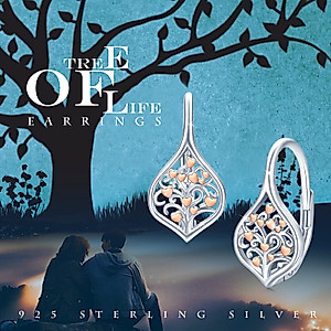 Tree of Life Leverback Earrings for Women Small Leverback Hoop Earrings Sterling Silver Dainty Rose Gold Hoops Earrings Tree of Life Jewelry