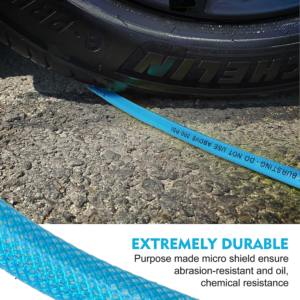 FYPower Air Compressor Hose 1/4 Inch x 50 Feet Reinforced Polyurethane (PU) Air Hose with Fittings, Bend Restrictors, 1/4" Industrial Quick Coupler and Plug Kit, Blue