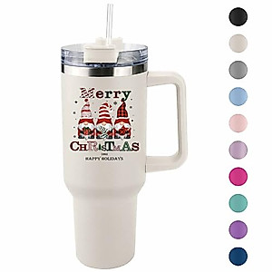 LB LEOBON 40 ounce insulated cup with handle, double-layer vacuum stainless steel material, equipped with straw, can keep warm or maintain cold drinks Christmas Text Gnome white