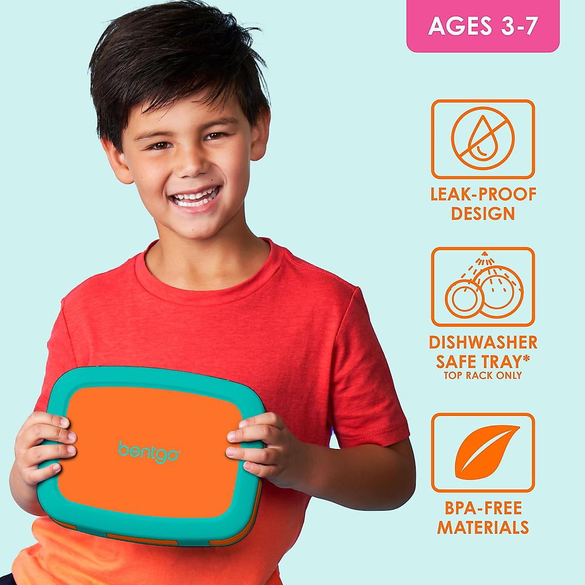Bentgo Kids Bento-Style 5-Compartment Leak-Proof Lunch Box - Ideal Portion Sizes for Ages 3 to 7 - Durable, Drop-Proof, Dishwasher Safe, BPA-Free, & Made with Food-Safe Materials (Orange)