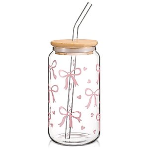 Hoolerry Coquette Bow Aesthetic Cup, 16 oz Dainty Pink Glass Cup with Lid and Straw, Vintage Bows Coquette Inspired Aesthetic Cup for Women Christmas Birthday gift