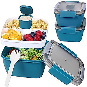 shopwithgreen 52 OZ to Go Salad Container Lunch Container, BPA-Free, 3-Compartment for Salad Toppings and Snacks, Salad Bowl with Dressing Container, Built-in Reusable spoon, Microwave Safe