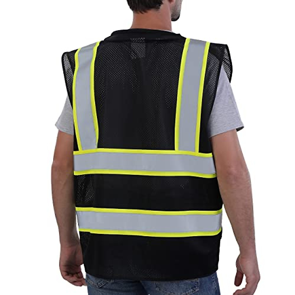 Neopelta Reflective Safety Vest Black Mesh, High Visibility Vest with Pockets and Zipper, Padded Neck, Black with Yellow Trim 2X