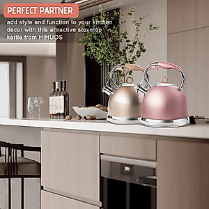 Tea Kettle - HIHUOS Whistling Tea Pots for Stove Top - Sleek 18/8 Stainless Steel Stovetop Kettle, Easy-grip Handle With Trigger Opening Mechanism, 1 Free Silicone Pinch Mitt Included (Pink 2.64QT)