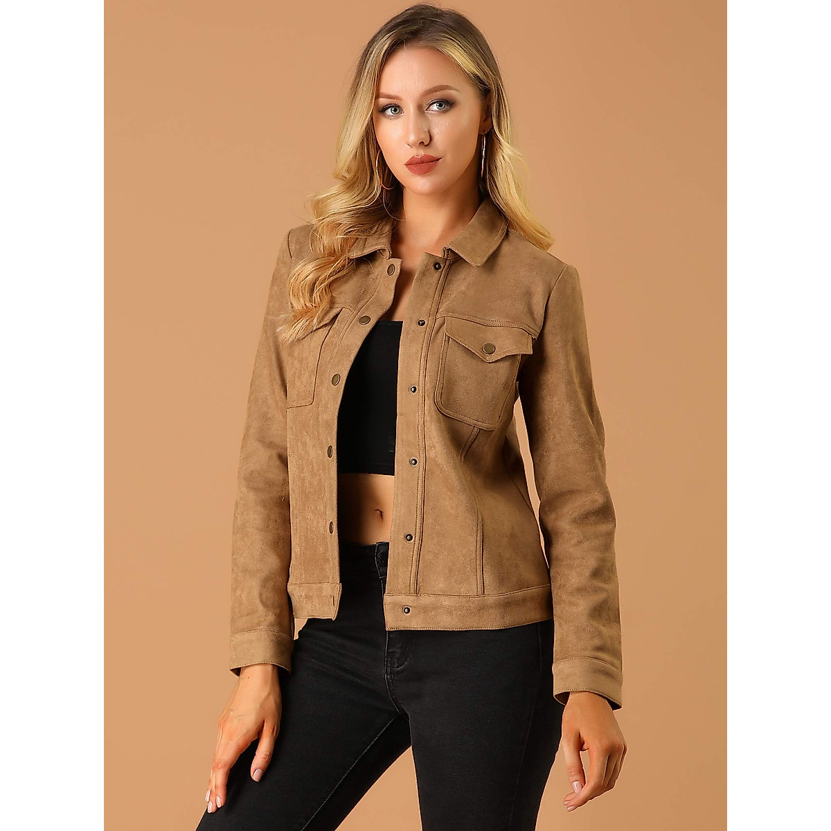 Allegra K Women's Turn-Down Collar Flap Pockets Snap Button Faux Suede Jacket Large Brown