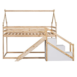 Merax Twin Over Twin Bunk Bed with Slide and Storage Stairs for 2 Kids, Boys, Girls, Teens, Wood House Bed Frame & Full-Length Fence for Children's Room, Bedroom, Solid Wooden Slats Support, White