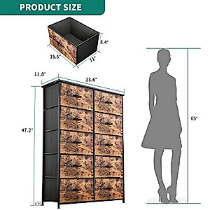YITAHOME 10 Drawers Dresser - Fabric Storage Tower Organizer Unit for Bedroom, Living Room, Hallway, Closets - Sturdy Steel Frame, Wooden Top & Easy Pull Fabric Bins (Rustic Brown) (MAYIH0000272MA)