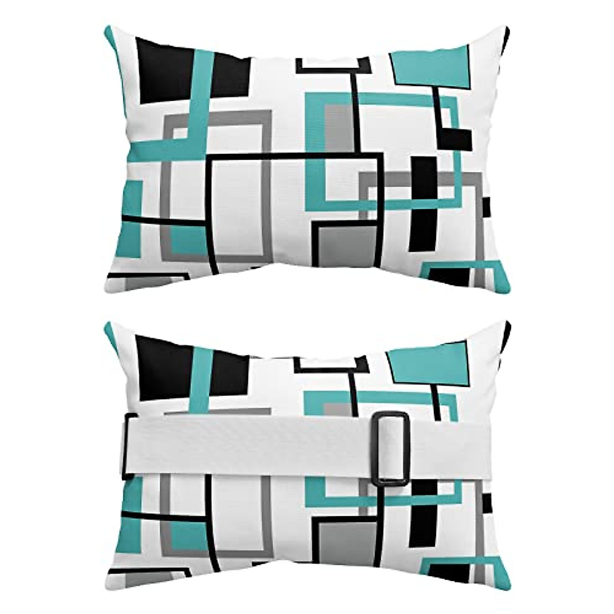 Recliner Head Pillow Ledge Loungers Chair Pillows with Insert Retro Middle Ages Abstract Geometry Teal Black Square Lumbar Pillow with Adjustable Strap Patio Garden Cushion for Bench Couch, 2 PCS