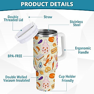 Slewiaeky Tumbler with Handle 40 oz Cute Lobster Shrimp Travel Mug with Lid and Straw Crayfish Stainless Steel Vacuum Insulated Water Bottle Cup for Iced Tea Coffee Cold Beverages Cup Holder Friendly