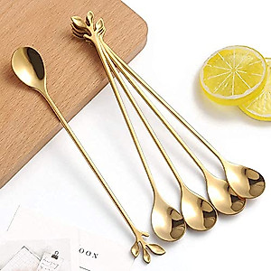 AnSaw Long Handle 7.4-Inch Leaf Teaspoons set, 6 Pcs Gold Stainless Steel Coffee stirring spoon