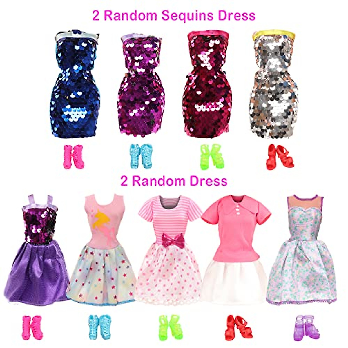 16 Pack Doll Clothes and Accessories 2 Fashion Dresses 2 Sequin Skirts 1 Long Dress 5 Tops and Pants Outfits 5 Shoes 1 DIY Sticker for 11.5 inch Girl Doll