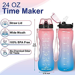 AIDEAMART 24 OZ Motivational Kids Water Bottle With Time Marker,Straw Lid&Chug Lid, Leak Proof, Tritan BPA Free Sports Water Pink-Blue(2 Lid)