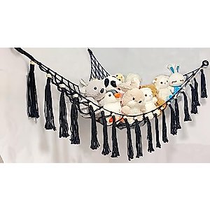 EOESFCB Stuffed Animals Net or Hammock Toy Hammock Boho Stuff Animal Storage Corner Hanging Net Holder Macrame Mesh Hammock Plush Toy Organizer with Tassel for Bedroom Nursery Decor - Black