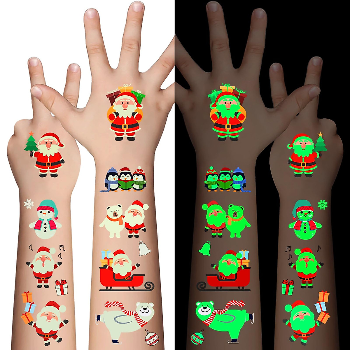 Awinmay Luminous Christmas Temporary Tattoos for Kids - 120 Pieces Christmas Glow in The Dark Tattoos Stickers for Boys and Girls,Christmas Party Favors for Kids Stocking Stuffers and Gifts 10 Sheets