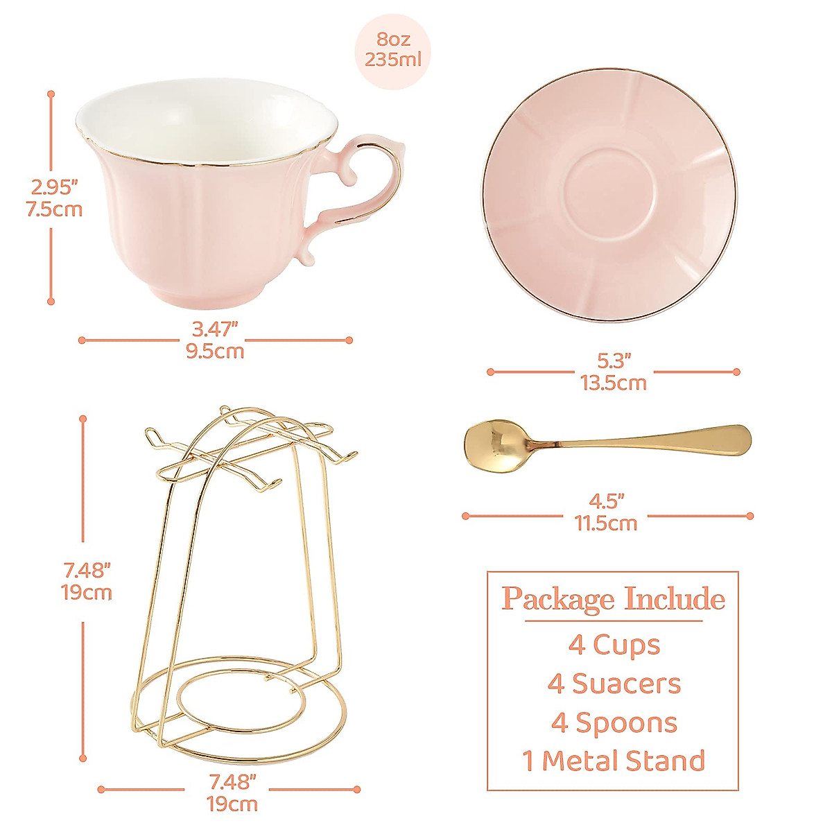 DUJUST Tea Cups and Saucers Set of 4 (8 OZ), Candy Pink Tea Cup Set with Golden Trim, Petal Edge Coffee Cups with Metal Stand, Simple Style Porcelain Tea Party Set - Pink