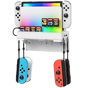 Switch Wall Mount for Nintendo Switch and Switch OLED,Games Console Wall Shelf with Light,Station Stand Holder for Charging Dock,7 Game Card Slots,4 Controller Accessories Kit Storage for Joy Con