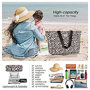 HOMESPON Large Waterproof Beach Bag for Women Sandproof Tote Bag Pool Bag with Zipper and Pockets for Travel Vacation Gym (Leopard Print)