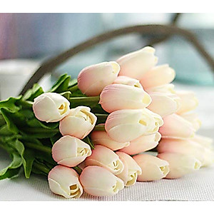 JOEJISN 30pcs Artificial Tulips Flowers Real Touch Pink Tulips Fake Holland PU Tulip Bouquet Latex Flowers for Wedding Party Office Home Kitchen Decoration (Light Pink)