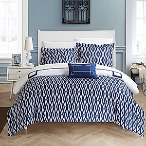 Chic Home 4 Piece Kendall Contemporary Greek Key Embroidered Reversible Queen Duvet Cover Set Navy Shams and Decorative Pillows Included