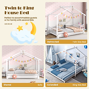 Giantex Wood House Bed for Kids, Twin to King Extendable Daybed with Roof & Fence Rails, Kids Bed for Teens, Boys & Girls, Twin Floor Day Bed, No Box Spring Needed, White