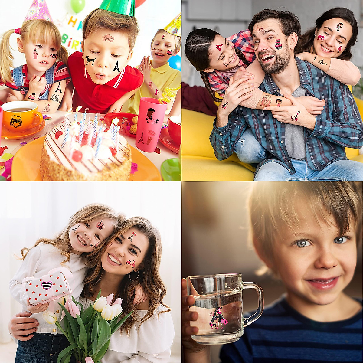 Paris Temporary Tattoos for Kids - Themed Eiffel Tower, Girl Birthday Party Decorations Supplies 96PCS Tattoos Stickers Cute Party Favors Girls Boys Gifts Classroom School Prizes Themed Christmas Pink