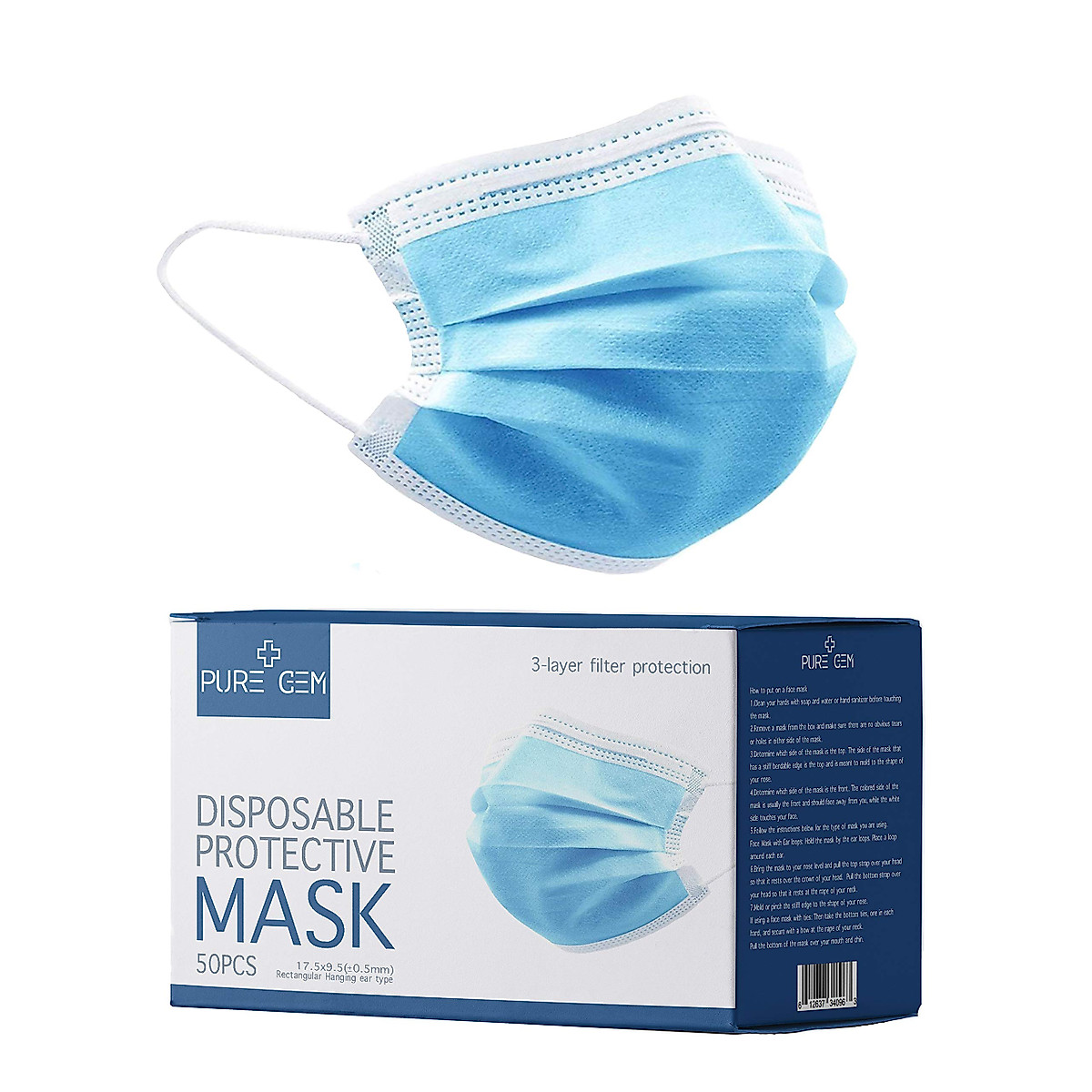 [50 Masks] Disposable Face Mask, 3-Ply Adult Masks, Single Use Facial Cover with Elastic Earloops For Home, Office, School, and Outdoors