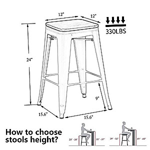 Alunaune 24" Metal Bar Stools Set of 4 Industrial Backless Counter Height Barstools Kitchen Patio Stool Stackable with Wooden Seat- White