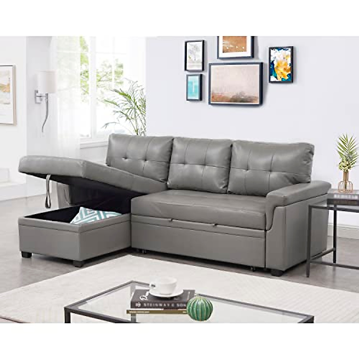 Naomi Home Jenny Sectional Sleeper Sofa - Elegant L-Shaped Couch Convertible Pull-Out Bed, Ample Storage, Timeless Design, Sturdy Construction, Long-Lasting for Modern Living, Air Leather, Gray