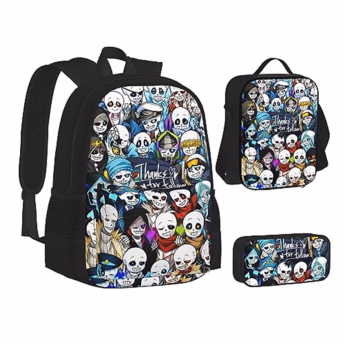 BNALAO Sans Cartoon Undertale Anime 3PCS Cartoon Backpack Set Laptop Backpack Portable Lunch Bag Print Pencil Case Travel Bags Daily