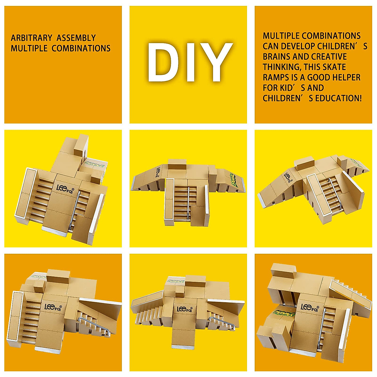 ideallife Skate Park Kit, Bigger Skate Park Kit Ramp Parts for Finger Skateboard Fingerboard Ramp Skate Park Kit Part Training Props with 3 Finger Decks 2 Finger Bike A Pair Skates Scooters