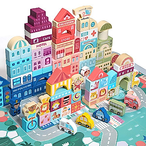 120PCS Wooden Blocks, Preschool Learning Educational Toys, Wooden Toddler Toys with City Map Construction, Stacking Blocks for 3+ Years Old Kids Boys Girls Children (Multicolored)