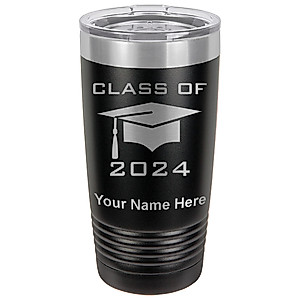 LaserGram 20oz Vacuum Insulated Tumbler Mug, Grad Cap Class of 2023, 2024, 2025, 2026, 2027, Personalized Engraving Included (Black)