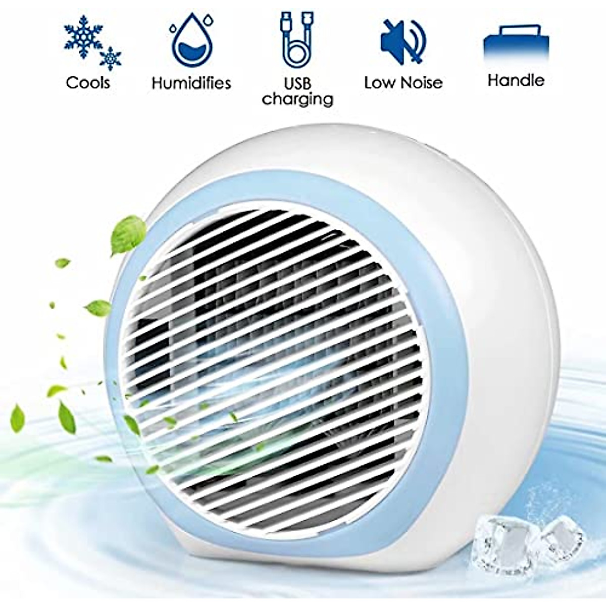 AUBNICO Portable Air Conditioner, Rechargeable Evaporative Air Conditioner with Low Noise 3 Speeds 6 Colors LED Light, Multifunctional Air Cooler with Handle for Home, Office and Room, 1, Blue