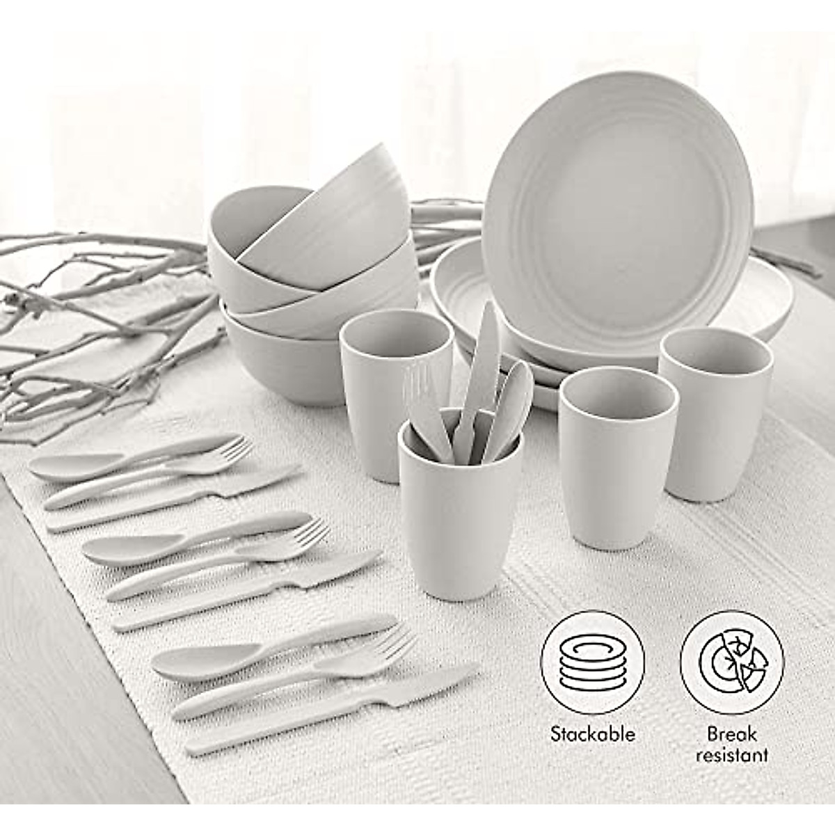 Wheat Straw Dinnerware Sets for 4 Lightweight & Unbreakable Dishes Microwave & Dishwasher Safe Perfect for Camping, Picnic, RV, Dorm Plates, Cups and Bowls (Beige, 24pc Set)