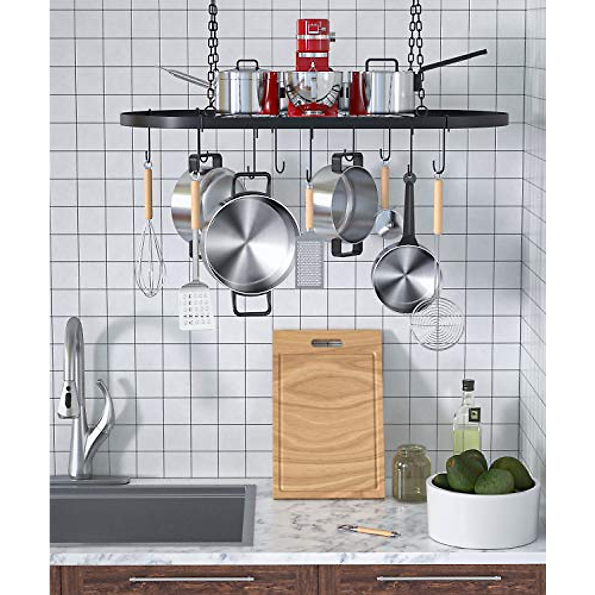 X Home 32-Inch Hanging Pot Racks for Kitchen Ceiling with 10 Removable Hooks, for Kitchen Storage & Organization, Ceiling Mounted, Black