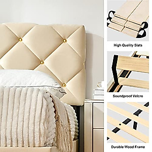 AsKmore Queen Size Bed Frame,Velvet Upholstered Platform with Headboard and Strong Wooden Slats,Non-Slip and Noise-Free,No Box Spring Needed, Easy Assembly,Beige
