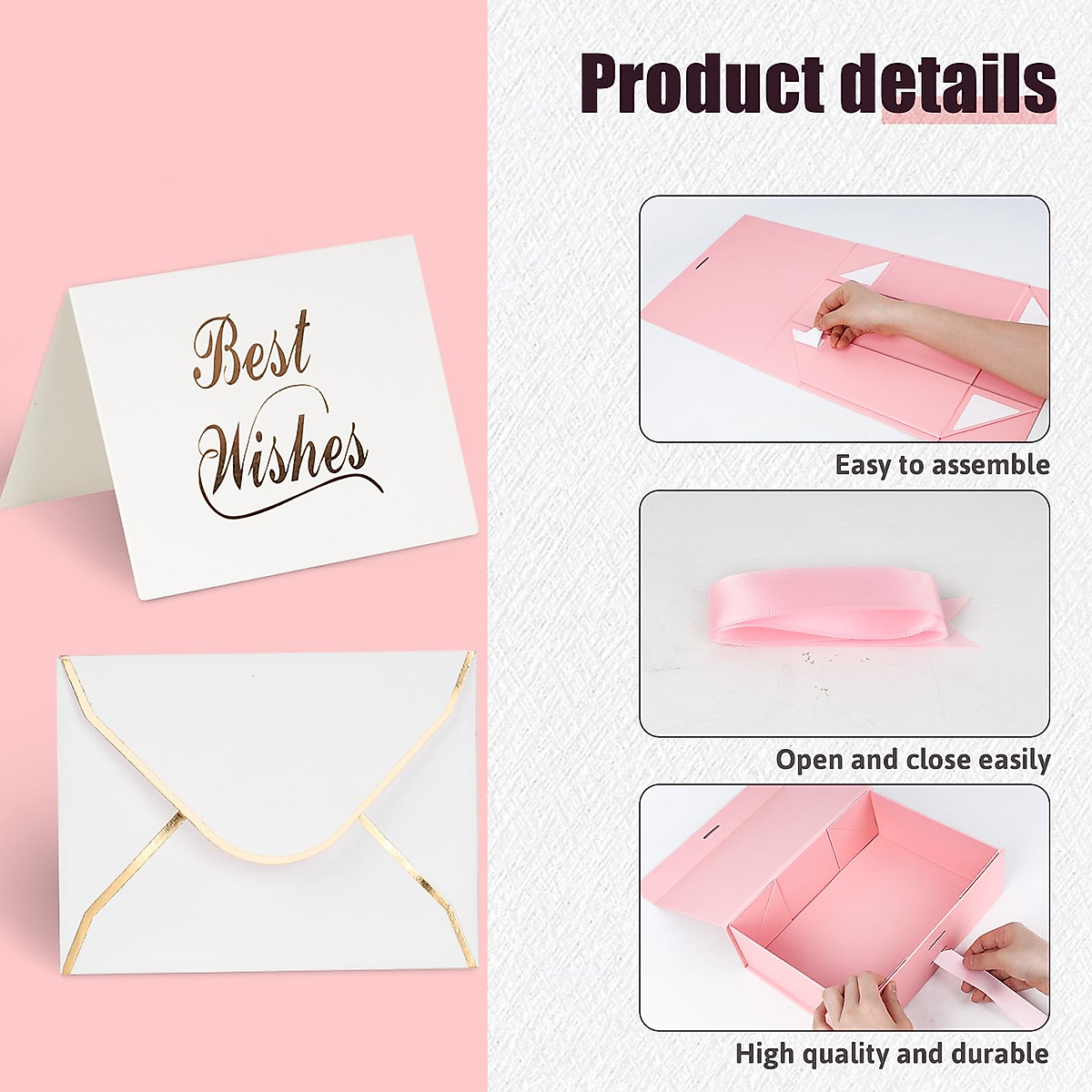 Shindel Pink Gift Box, 10.5x7.5x3.1 Inches Gift Box with Lid for Presents, Magnetic Gift Box with Ribbon, Bridesmaid Box with Lid Greeting Card