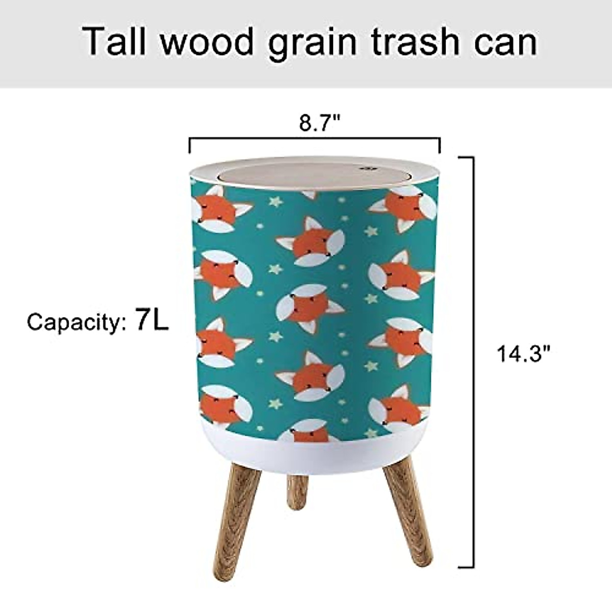 Small Trash Can with Lid Cute Cartoon Foxes Seamless with Foxes Faces Round Recycle Bin Press Top Dog Proof Wastebasket for Kitchen Bathroom Bedroom Office 7L/1.8 Gallon