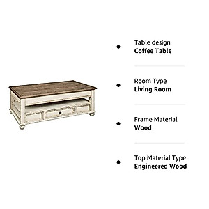 Signature Design by Ashley Realyn Vintage Farmhouse Rectangular Lift Top Coffee Table with Storage Drawer, White & Brown