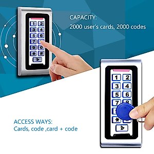 Door Access Control System Stand-Alone Password Keypad + 5PCS Proximity Keychains, Support 2000 Users Card Reader, Weatherproof, Backlight, Zinc Alloy Metal Case, for Garage Door, Gate Opener