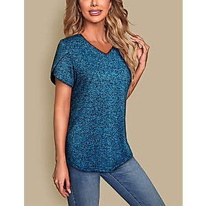 MISS FORTUNE Womens V-Neck Short Sleeve Activewear T-Shirt Petal Sleeve Casual Athletic Moisture Wicking Fitness Tops Blue 3XL