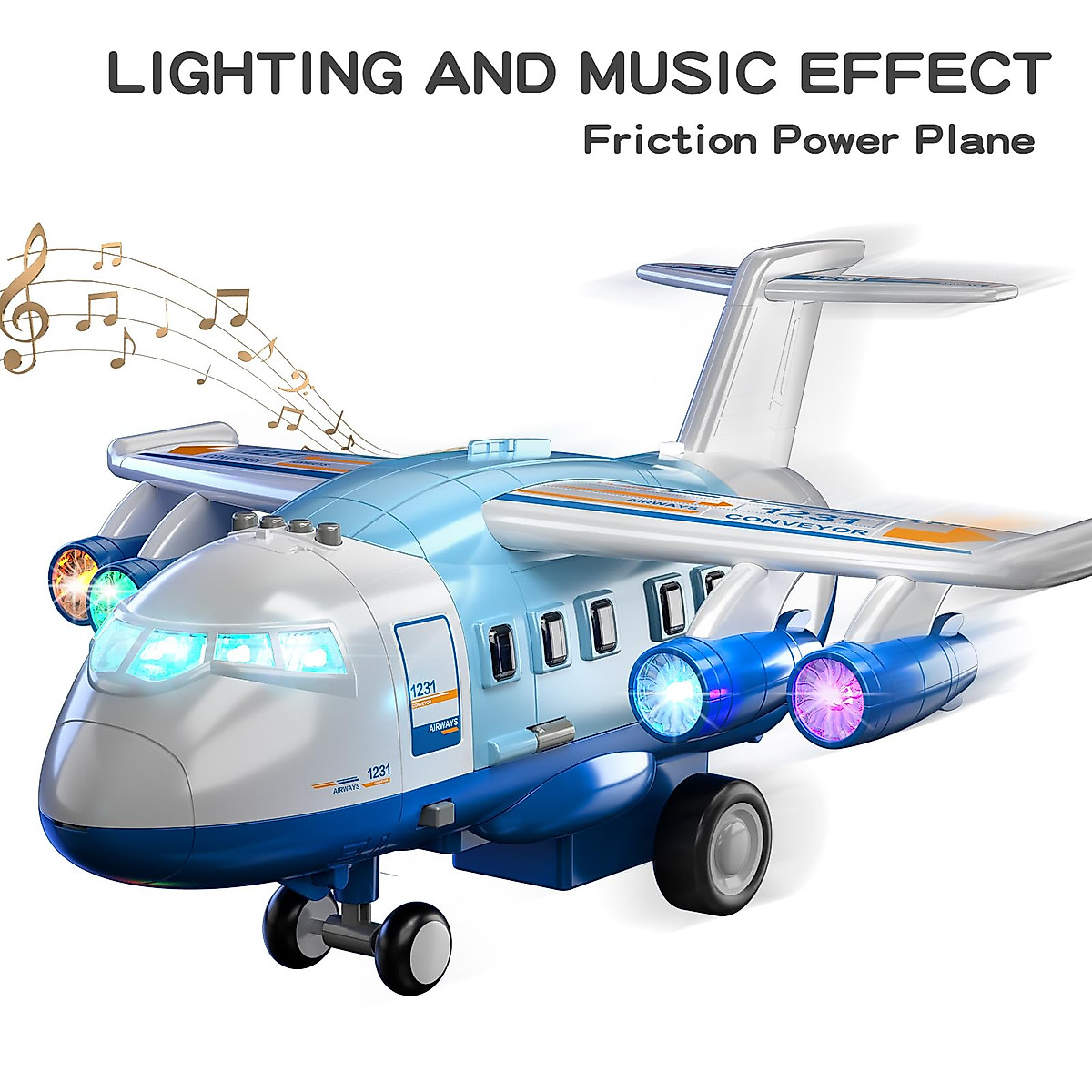 TEMI Mist Spay Storage Transport Plane Cargo with 6 Free Wheel Diecast Construction Vehicles and Playmat, Kids Toy Jet Aircraft with Lights & Sounds for 3 4 5 6 Years Old Boys and Girls