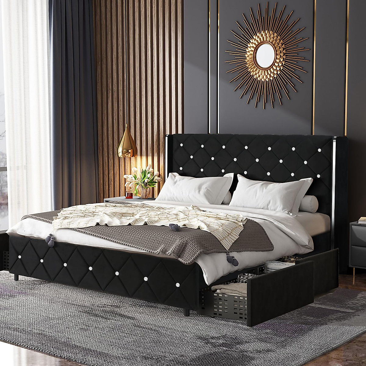 4 EVER WINNER Queen Size Bed Frame with 4 Storage Drawers, Velvet Tufted Diamond Platform Bed Frame with Upholstered Wingback Headboard, Heavy Duty Solid Wood Slats Support, No Box Spring Need, Black