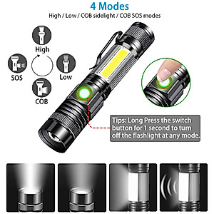 Vnina Rechargeable Tactical Flashlight, USB Magnetic Flashlights with COB Flash Light - 4 Models, Zoomable, Waterproof, LED Tactical Flashlight High Lumen Bright for Indoor Outdoor Camping 2 Pack